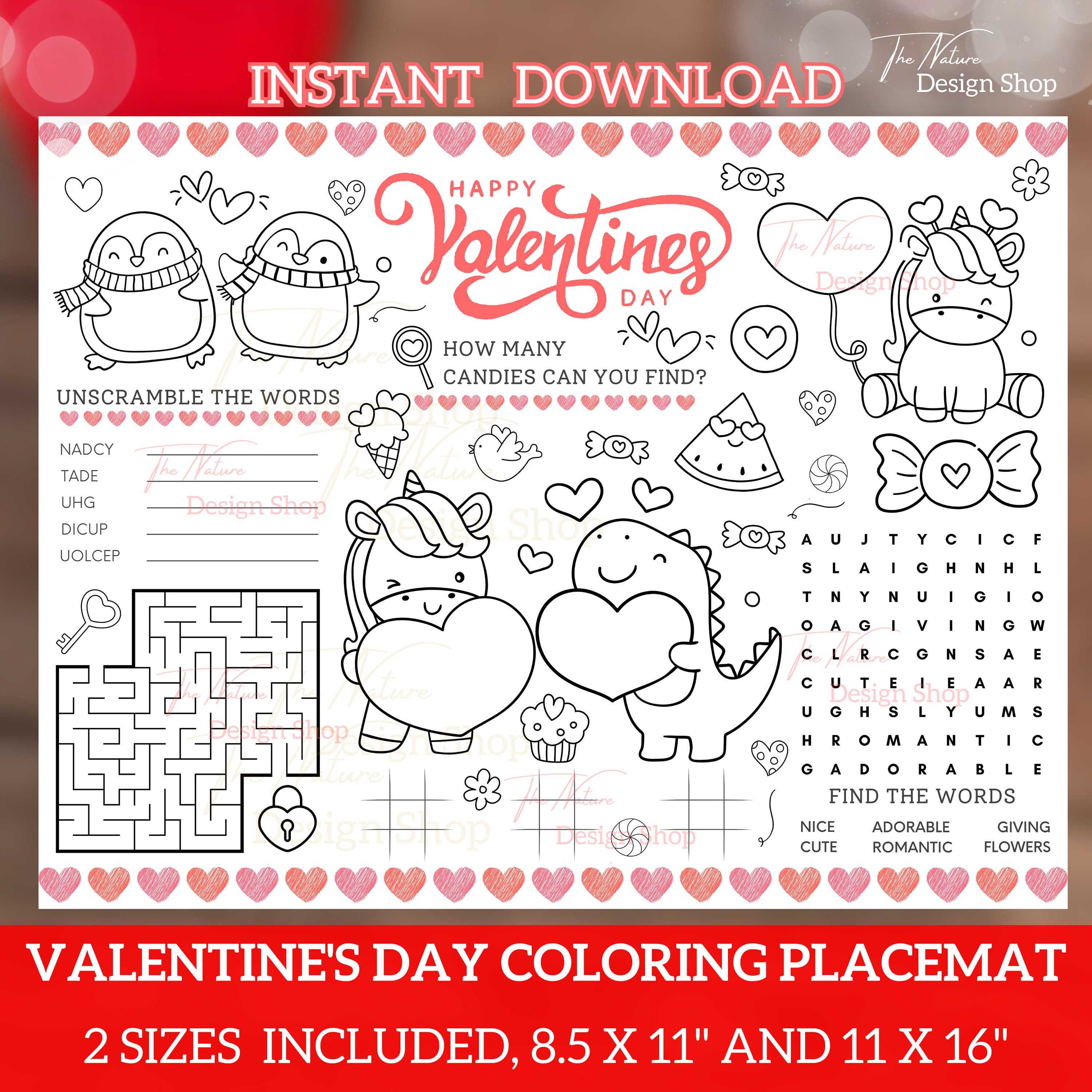 Valentines Coloring Placemat Valentines Coloring Sheet Valentine ...