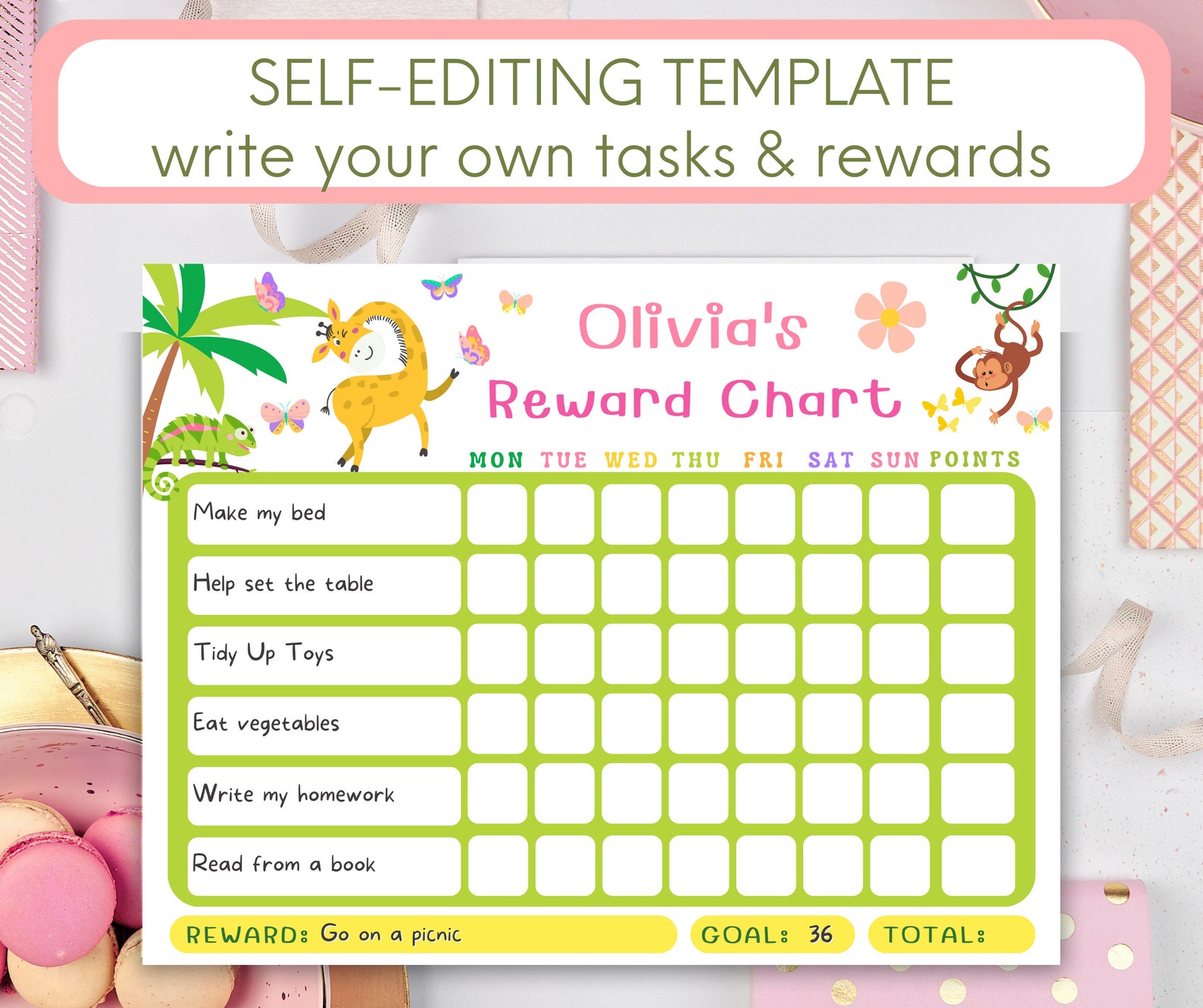 Editable Jungle Animals Reward Chart for Kids Daily Routine Chart Kids ...