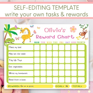 Editable Jungle Animals Reward Chart for Kids Daily Routine Chart Kids ...