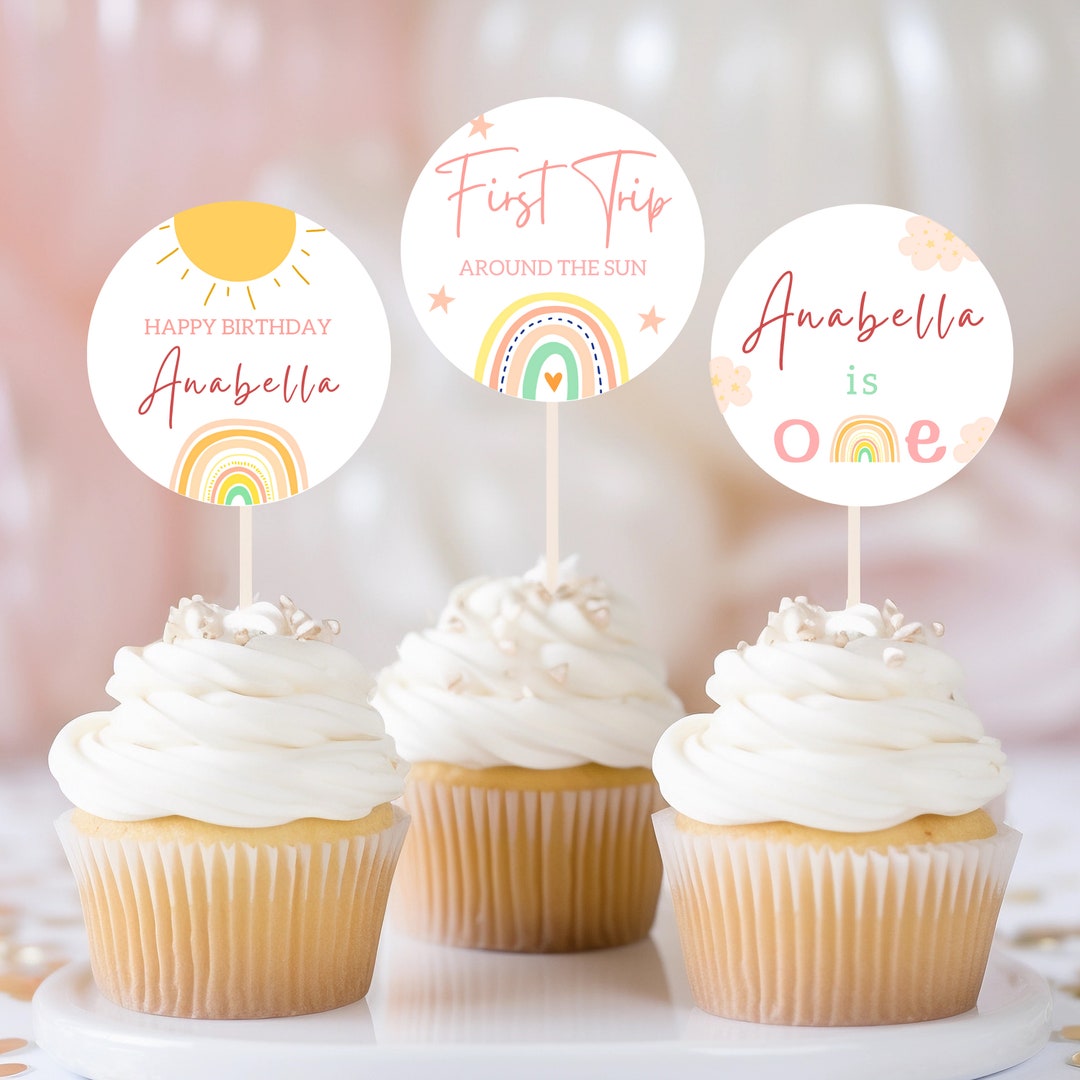 EDITABLE Around the Sun Birthday Cupcake Toppers First Trip Around the ...