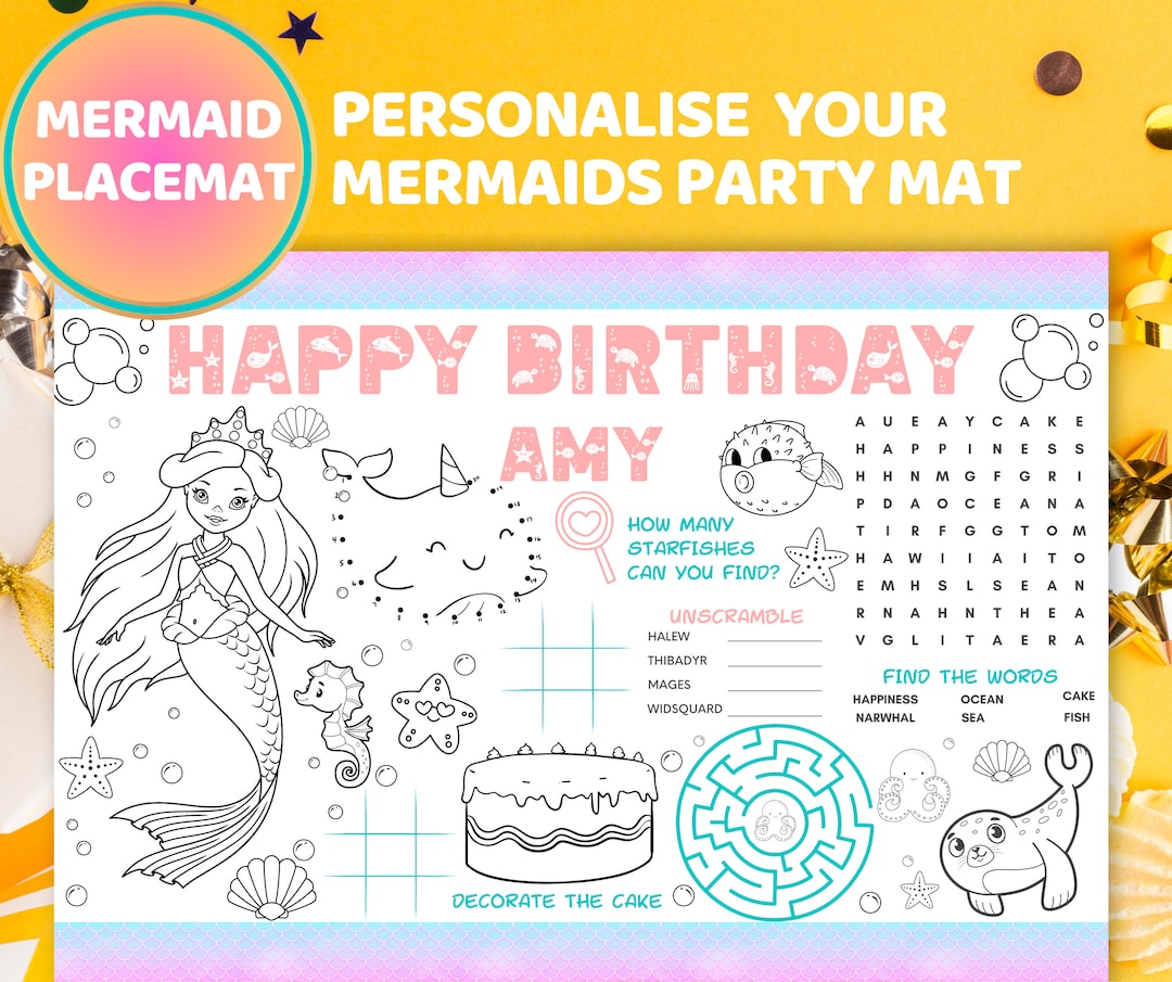 Mermaids Party Placemat Kids Birthday Placemat Mermaid Personalised ...