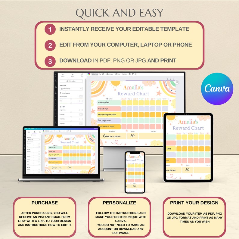 Editable Colorful Rainbow Reward Chart for Kids Daily Routine - Etsy