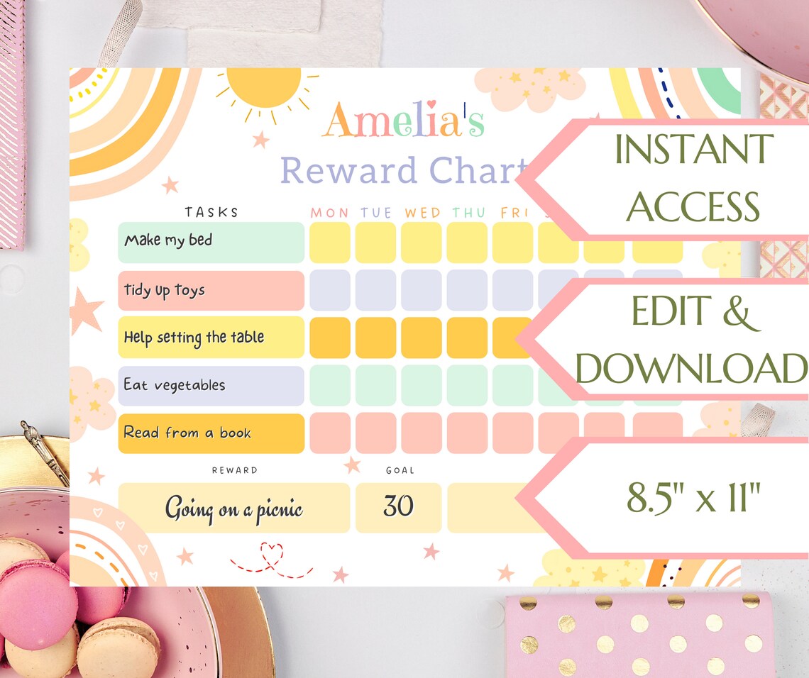 Editable Colorful Rainbow Reward Chart for Kids Daily Routine Chart ...