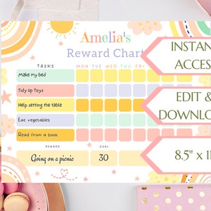 Editable Colorful Rainbow Reward Chart for Kids Daily Routine Chart ...