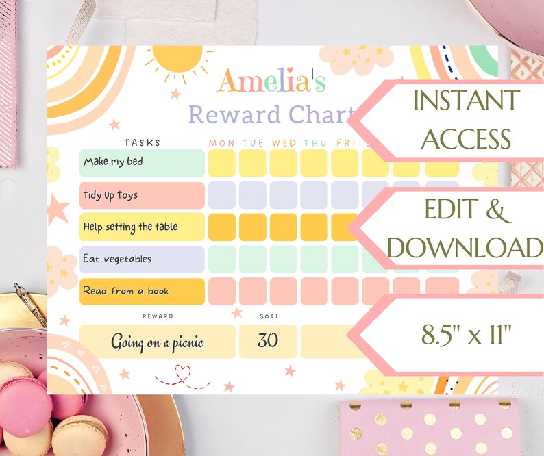 Editable Colorful Rainbow Reward Chart for Kids Daily Routine - Etsy
