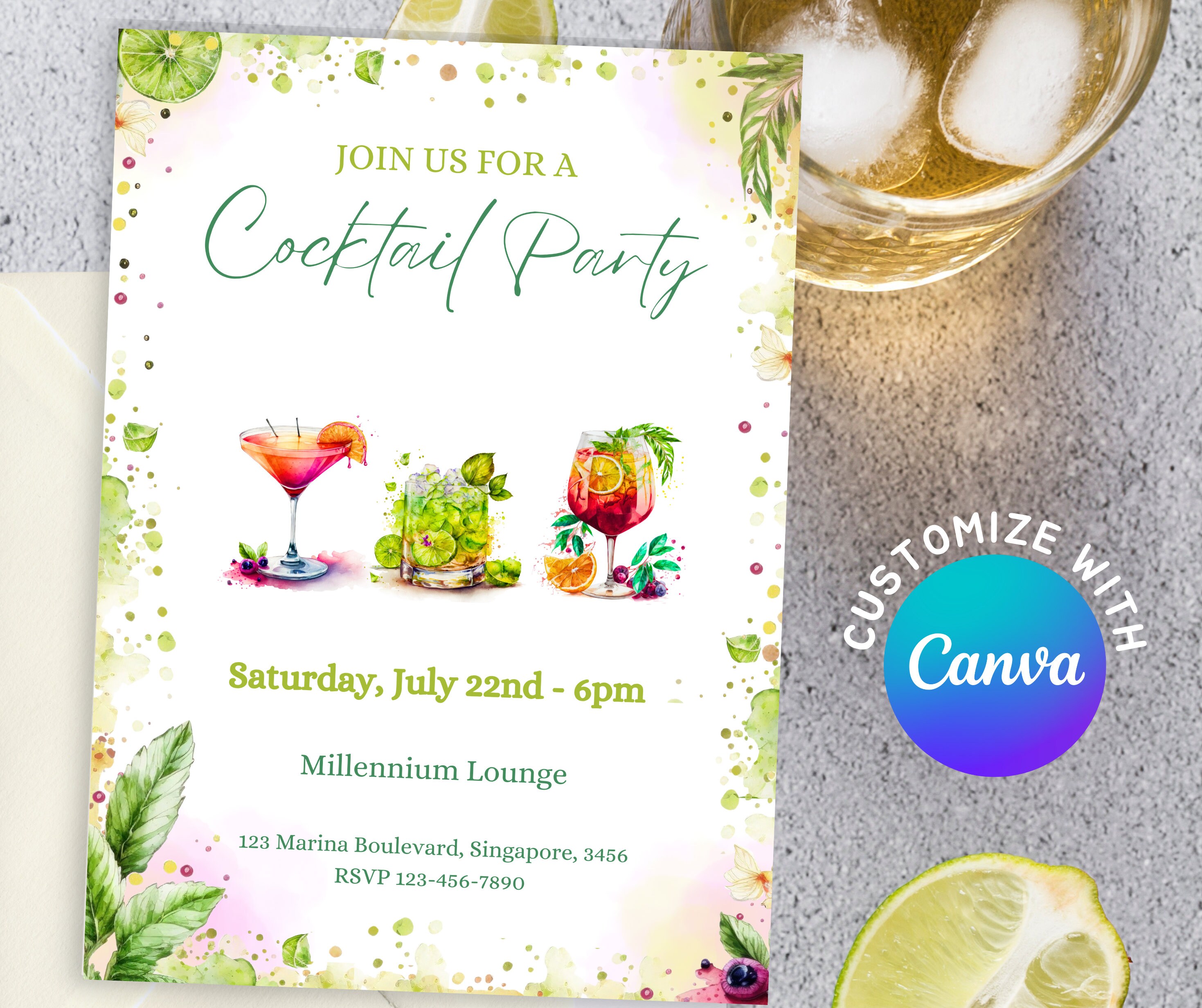 Editable Cocktail Birthday Party Invitation Cocktail Tropical Invite ...