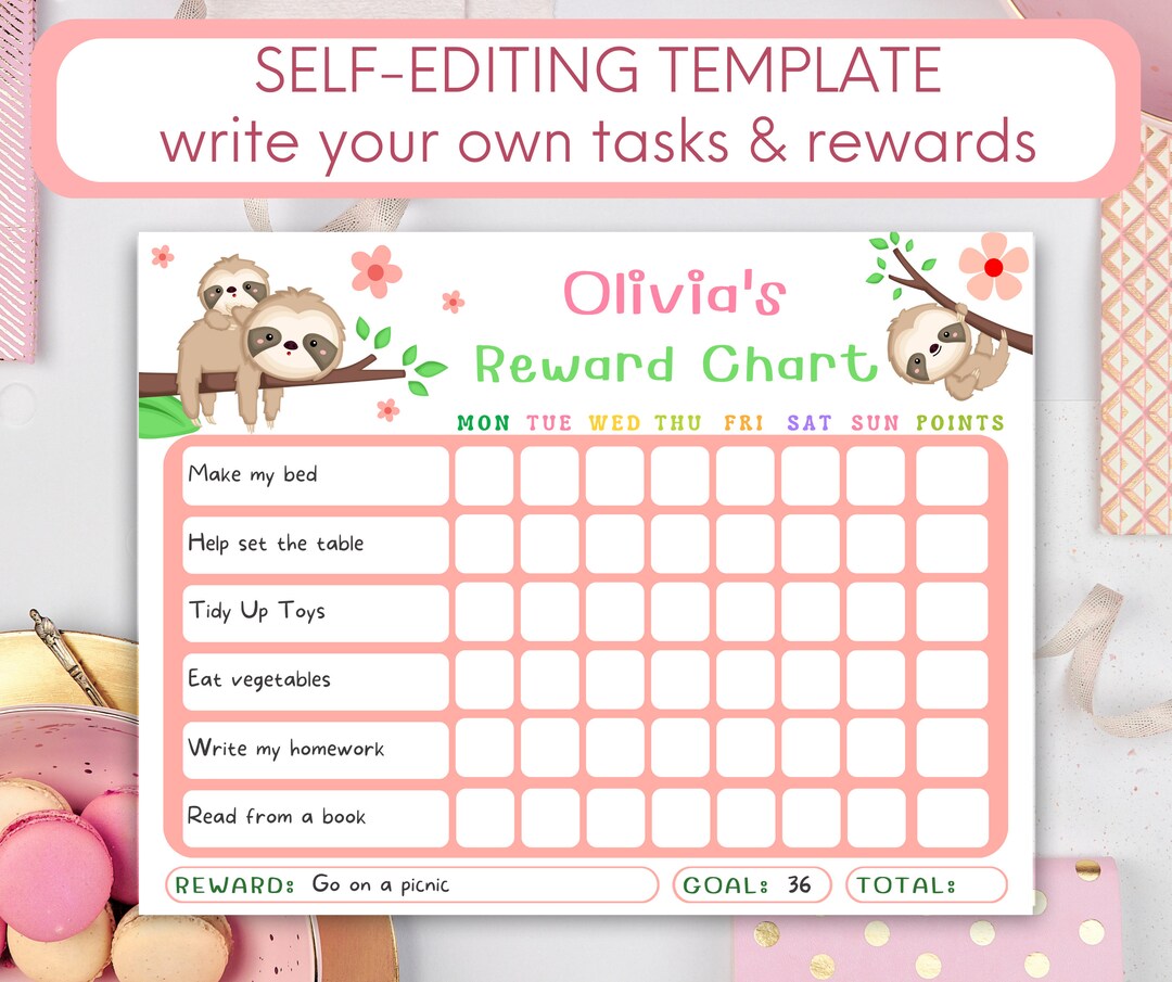 Editable Sloth Reward Chart for Kids Daily Routine Chart Kids Chore ...