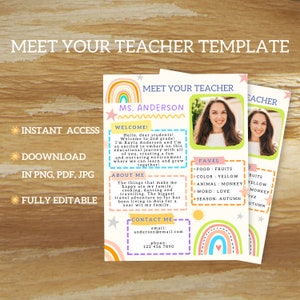 Meet the Teacher Editable Template Teacher Boho Rainbow Teacher Canva ...