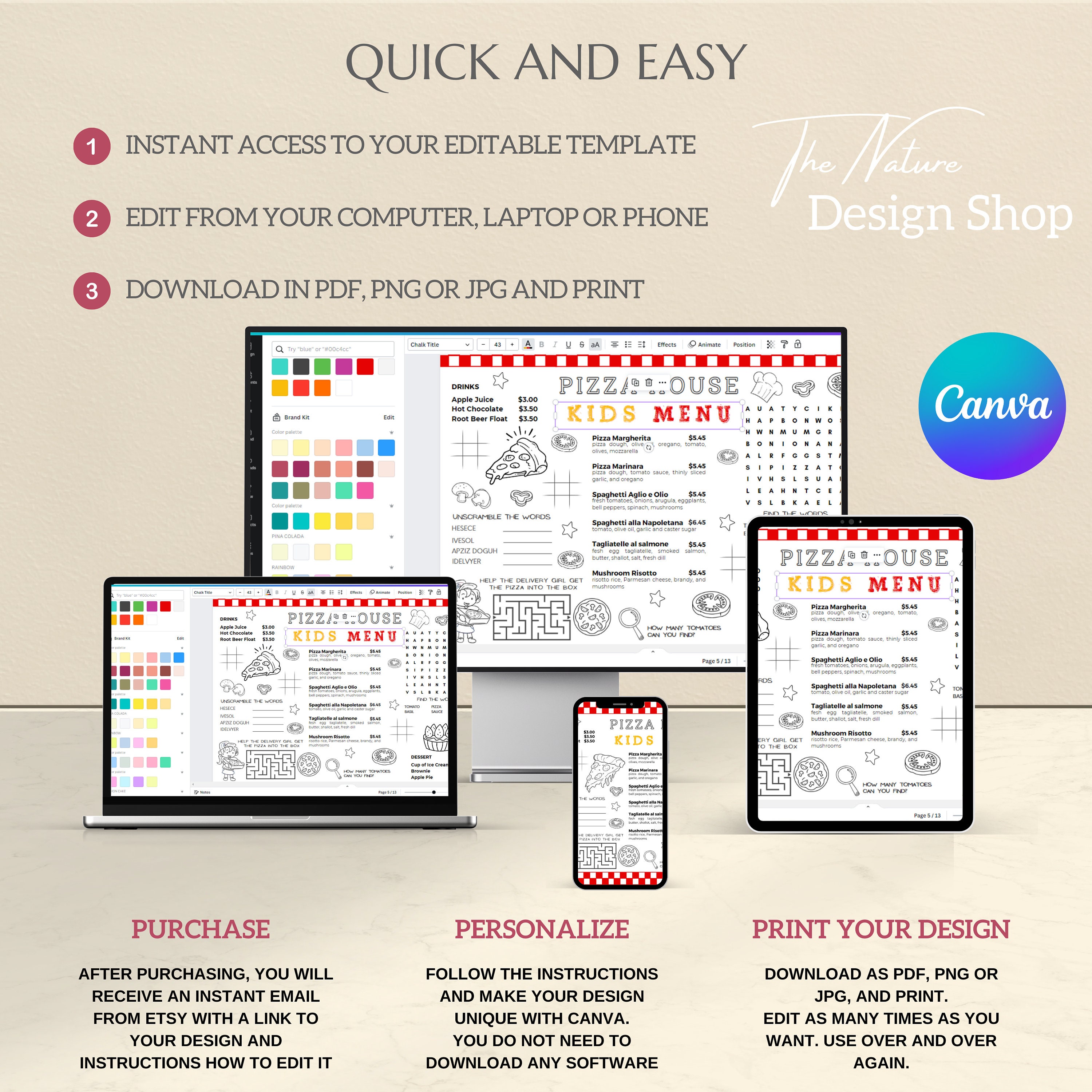 Kids Pizza Menu Template Restaurant Menu Template Editable Kids Menu ...