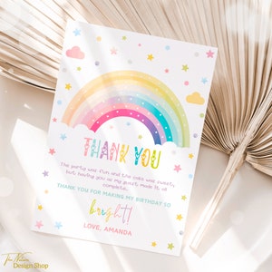 Editable Rainbow Birthday Thank You Cards Girl Rainbow Birthday Thank ...