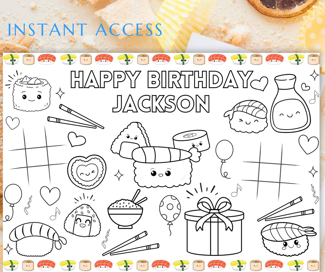 Sushi Party Placemat Sushi Coloring Activity Placemat Sushi Birthday ...