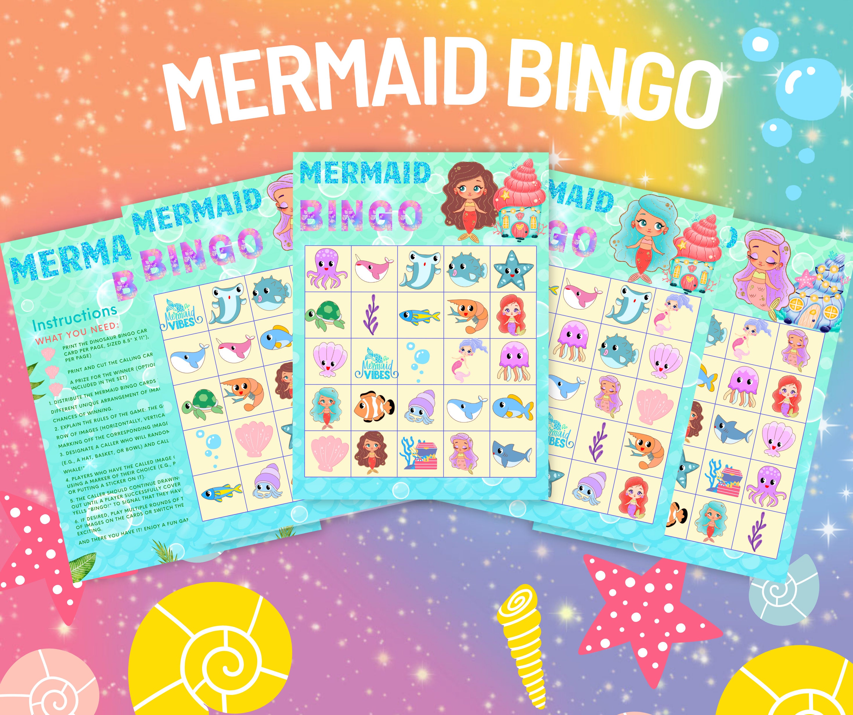 Mermaid Bingo Game Kids Mermaid Birthday Party Game With Mermaids Party ...