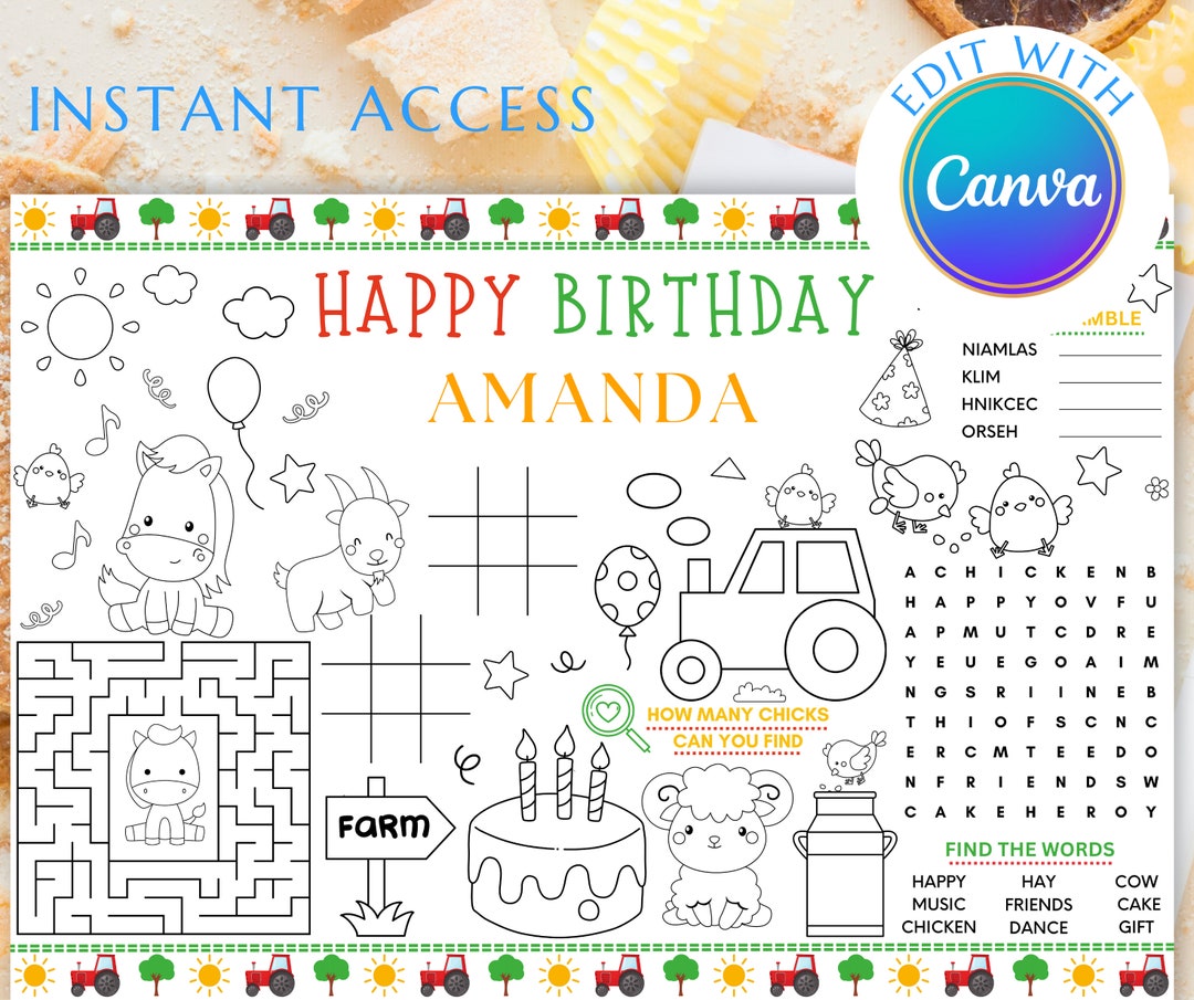 Barnyard Placemat Farm Birthday Placemat Personalized Digital File ...