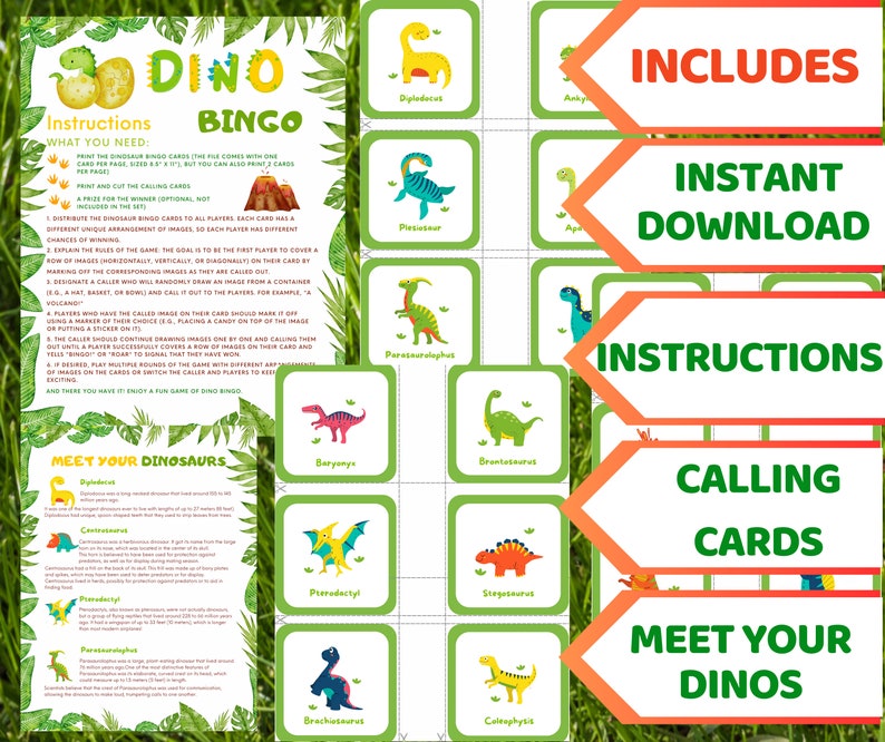 Dinosaur Bingo Game Kids Dinosaur Birthday Party Game With Dinosaurs ...