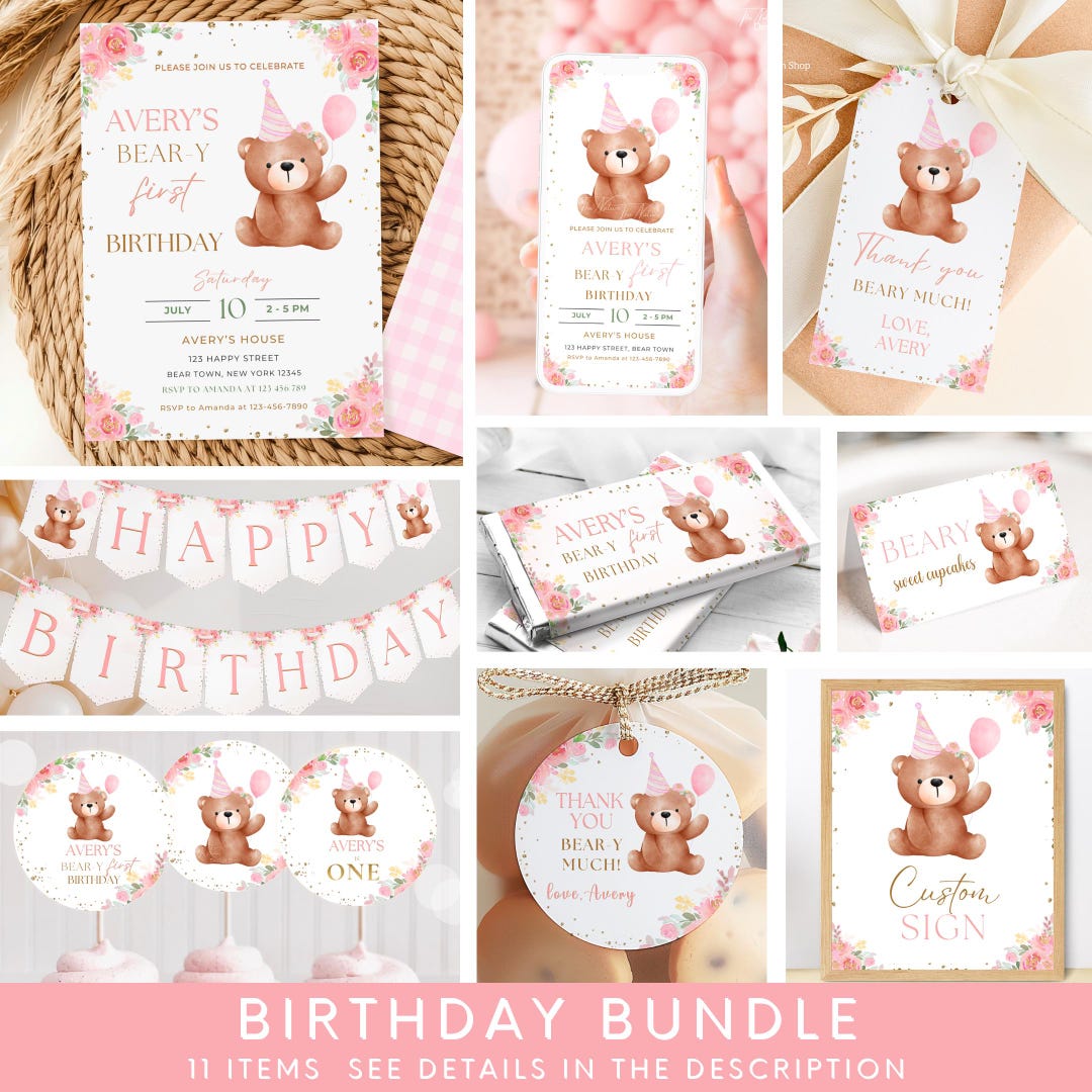 Beary First Birthday Bundle Teddy Bear Birthday Bundle Bear Party Decor ...
