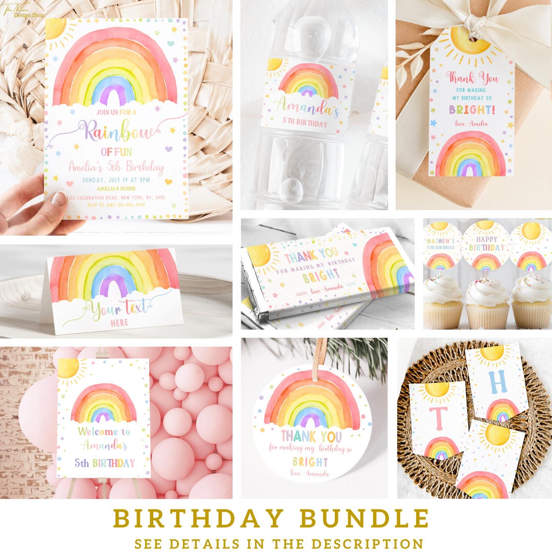 Rainbow Birthday Bundle Girl Birthday Rainbow Digital Invitation ...
