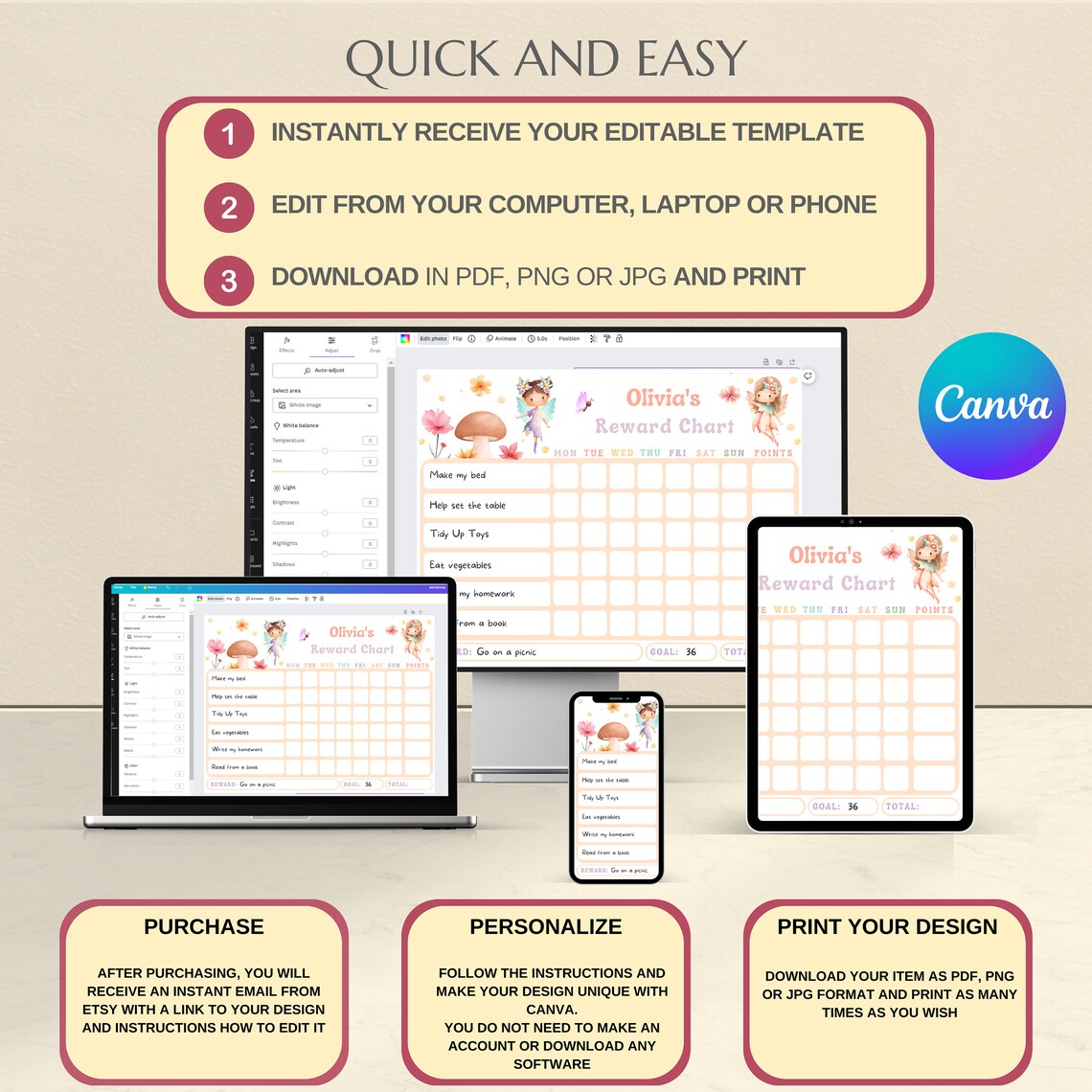 Editable Fairy Reward Chart for Girls Daily Routine Chart Kids - Etsy