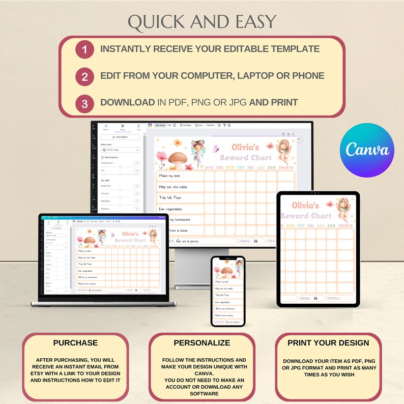 Editable Fairy Reward Chart for Girls Daily Routine Chart Kids - Etsy