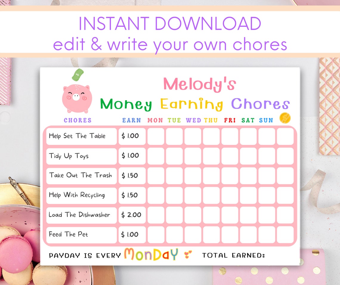 Editable Kids Money Chart Kids Pocket Money Chart Chore Chart Girls ...