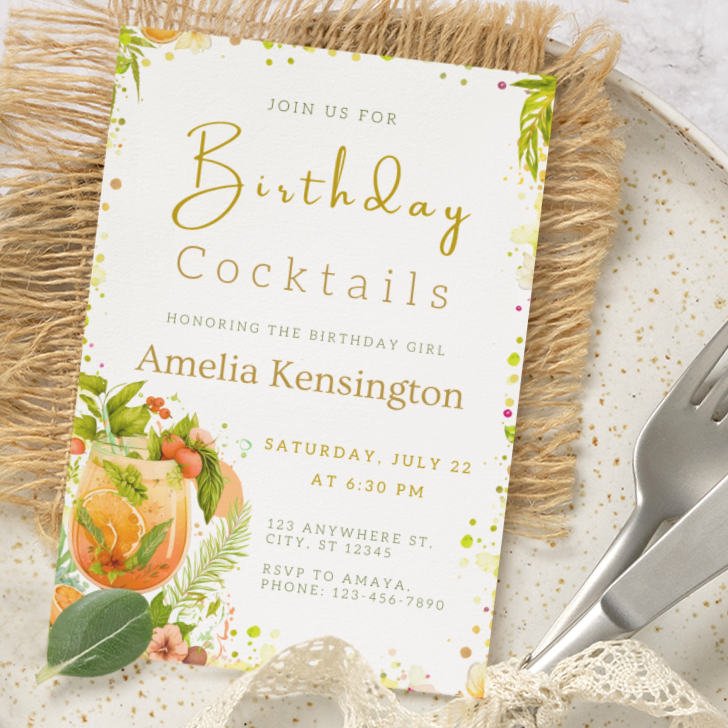 Editable Cocktail Birthday Party Invitation Cocktail Tropical Invite ...