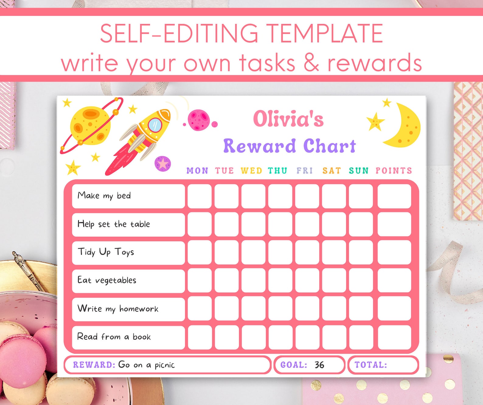 Editable Space Reward Chart Printable Behavior Chart Daily Chore Chart ...