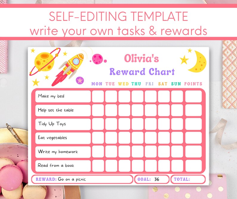 Editable Space Reward Chart Printable Behavior Chart Daily Chore Chart ...
