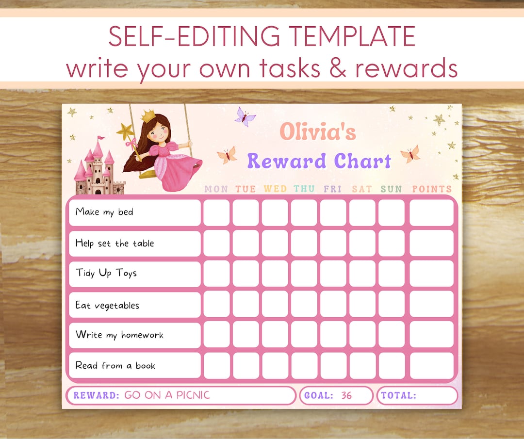 Editable Princess Reward Chart for Girls Daily Routine Chart Princess ...