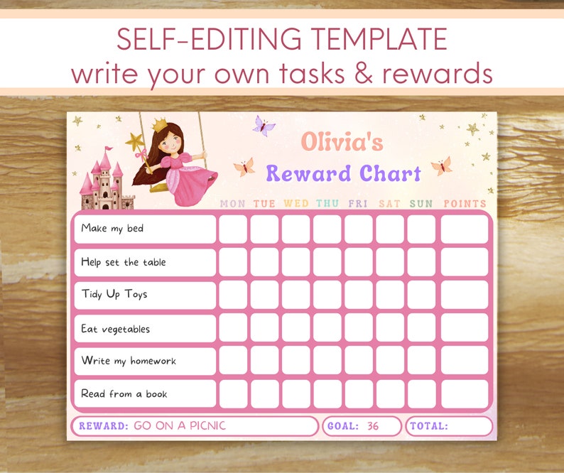 Editable Princess Reward Chart for Girls Daily Routine Chart Princess ...