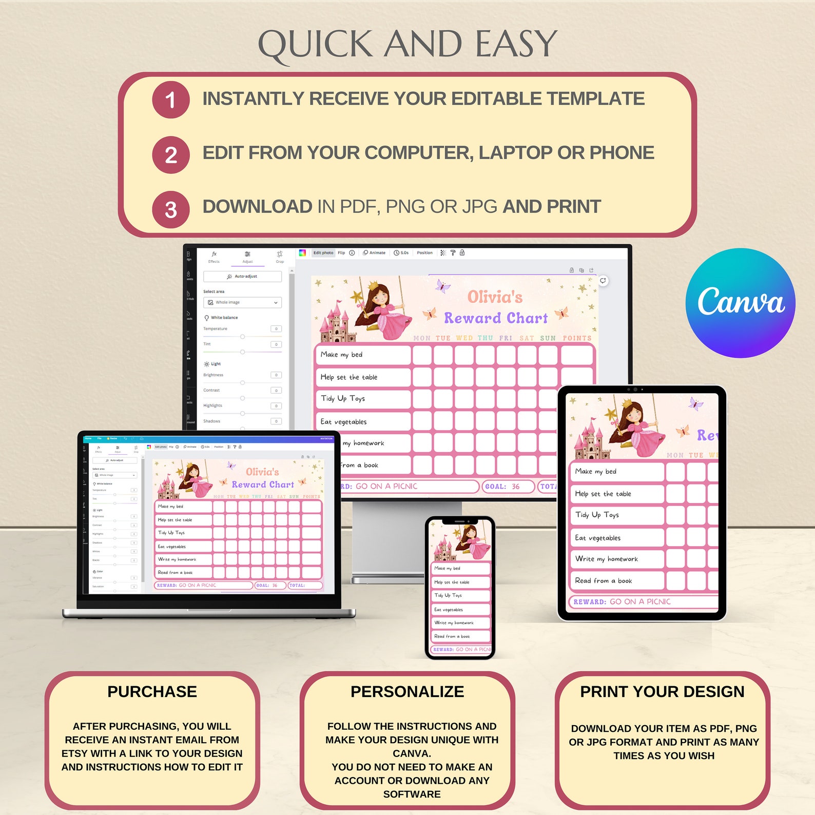 Editable Princess Reward Chart for Girls Daily Routine Chart - Etsy