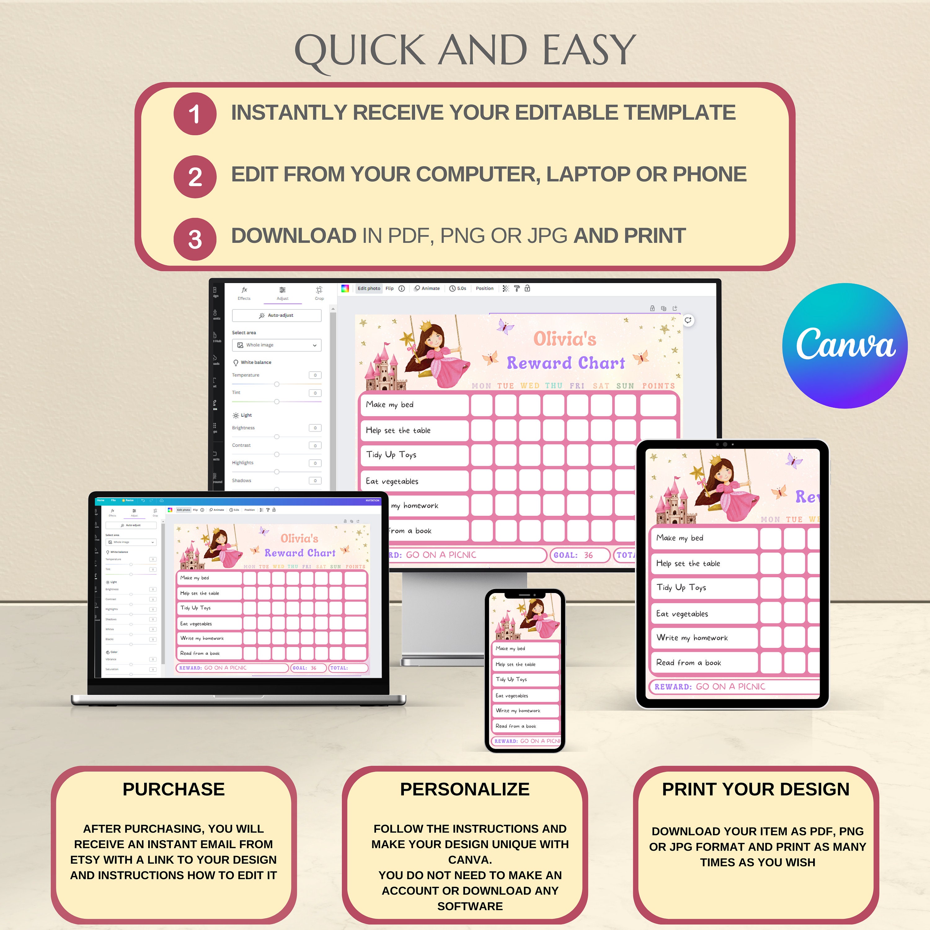 Editable Princess Reward Chart for Girls Daily Routine Chart Princess ...