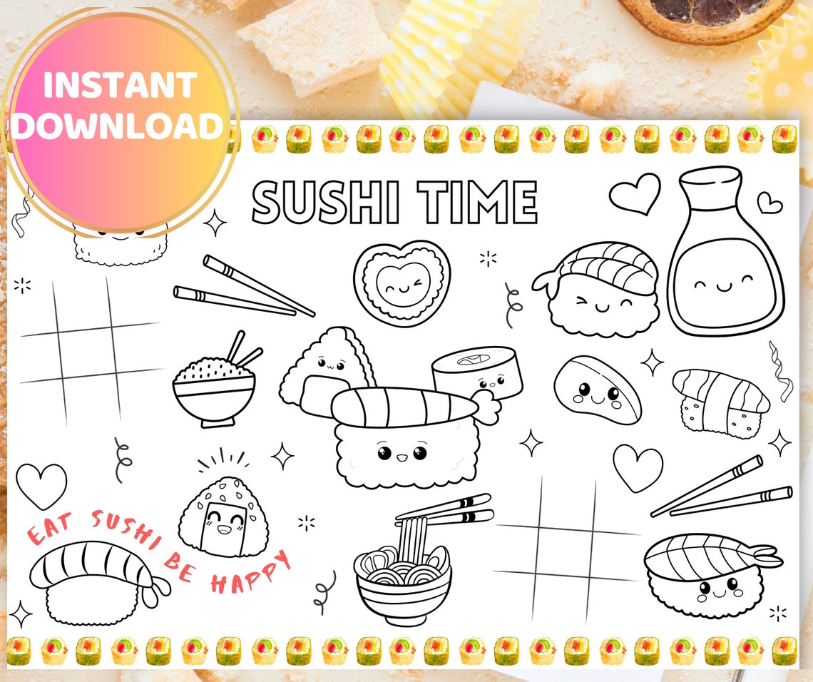 Sushi Party Placemat Sushi Coloring Activity Placemat Sushi Birthday ...