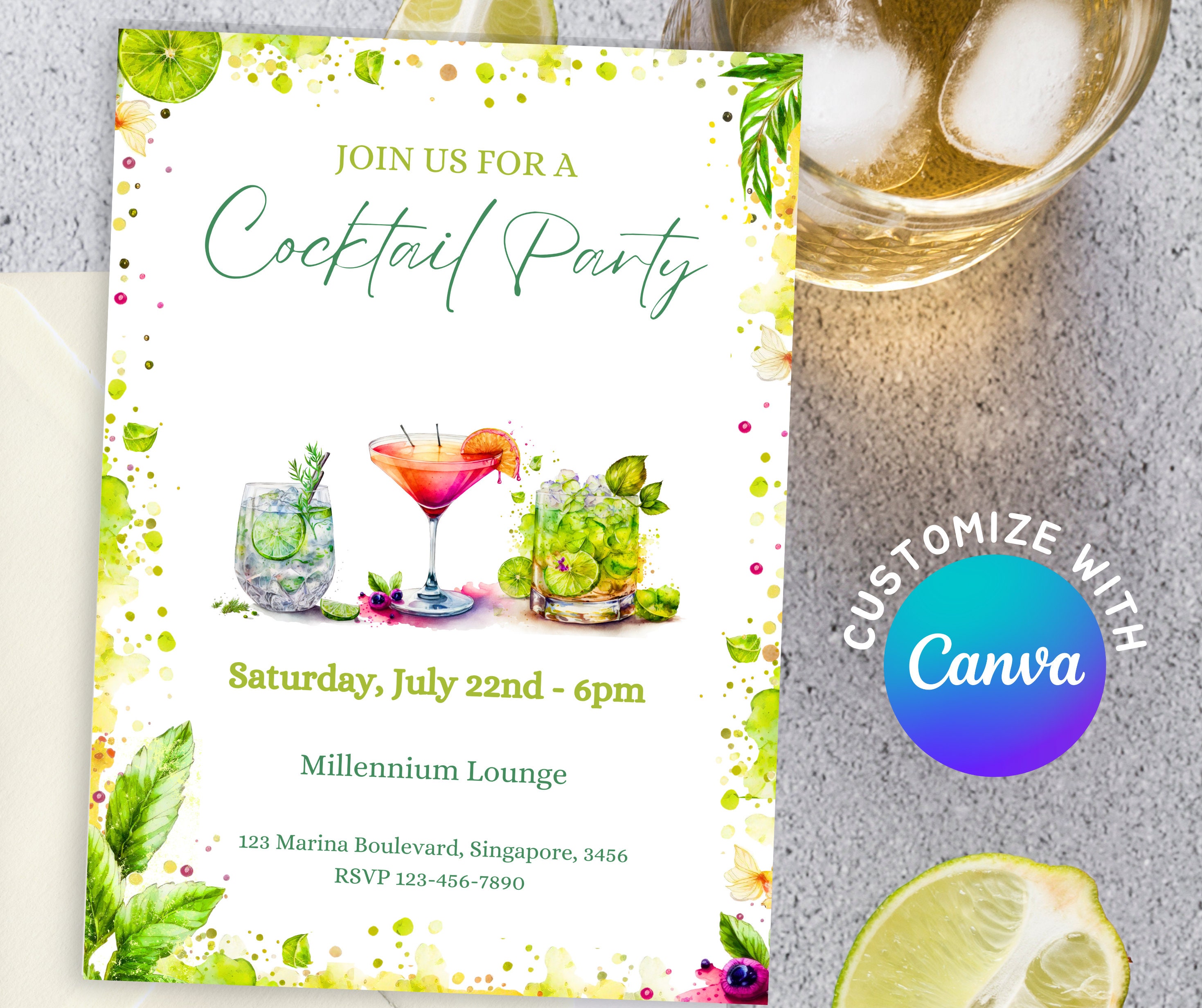 Editable Cocktail Birthday Party Invitation Cocktail Tropical Invite ...