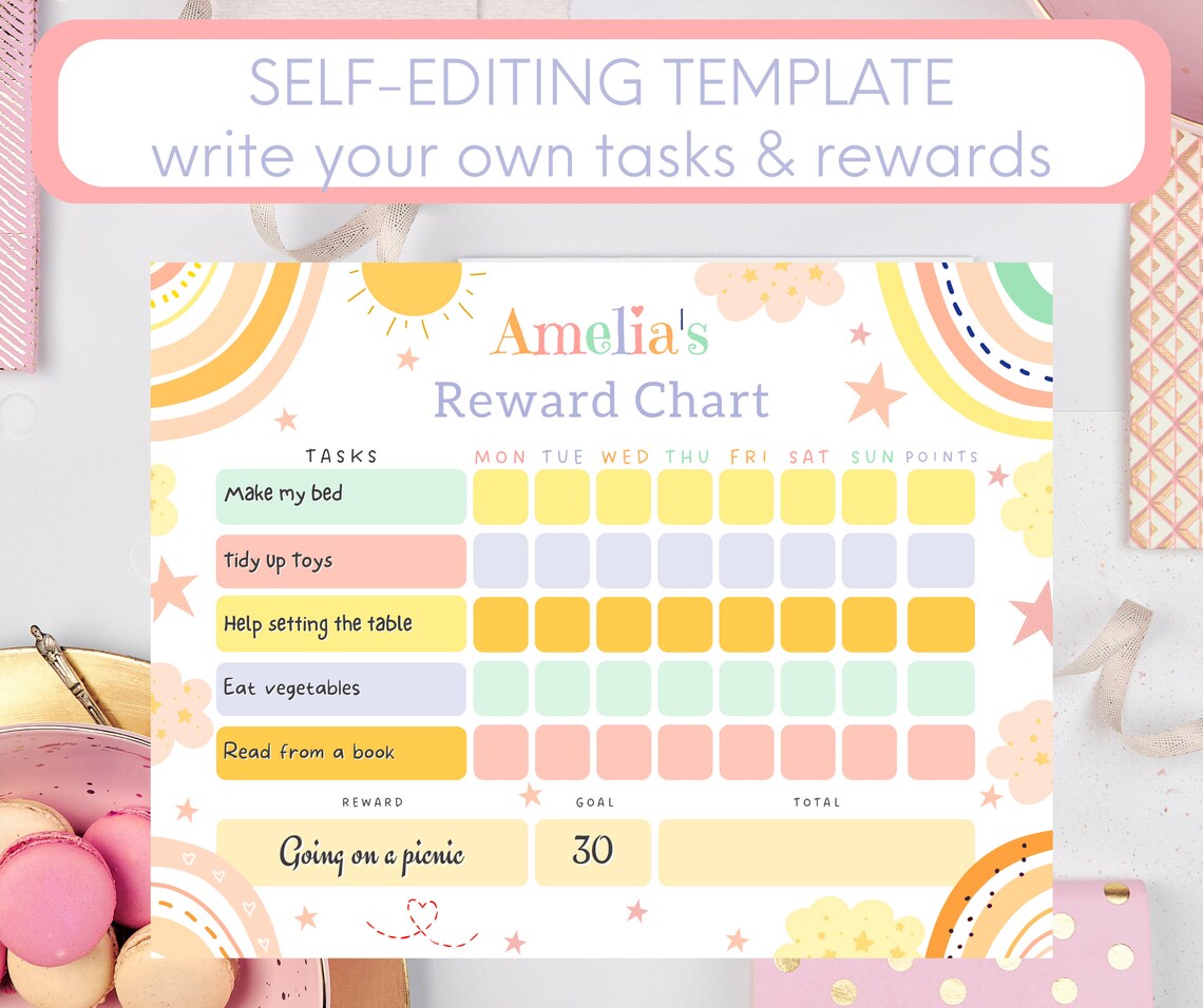 Editable Colorful Rainbow Reward Chart for Kids Daily Routine Chart ...