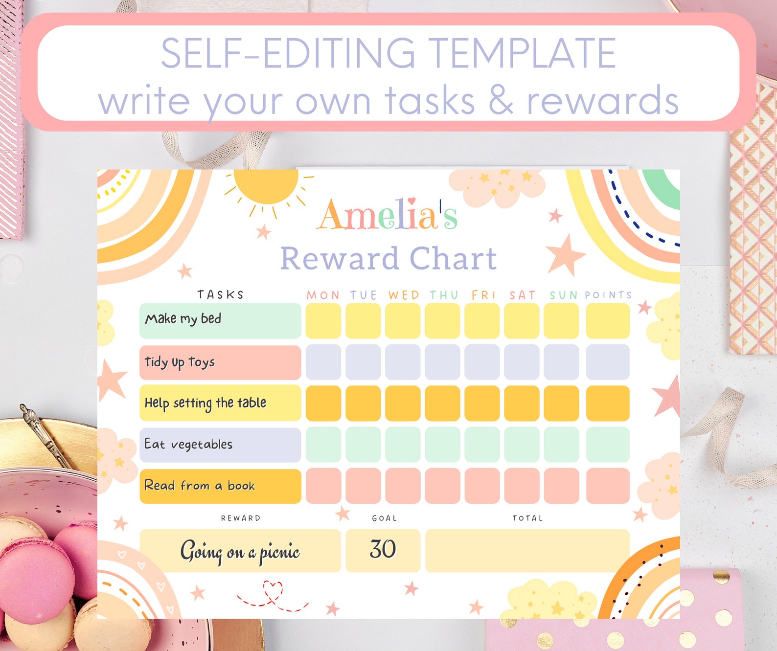 Editable Colorful Rainbow Reward Chart for Kids Daily Routine Chart ...