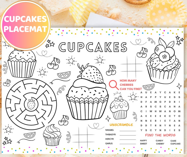 Cupcakes Kids Party Placemat Cupcakes Coloring Activity Placemat ...
