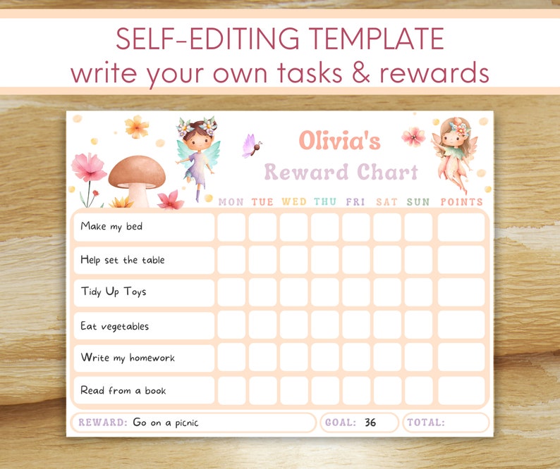 Editable Fairy Reward Chart for Girls Daily Routine Chart Kids - Etsy