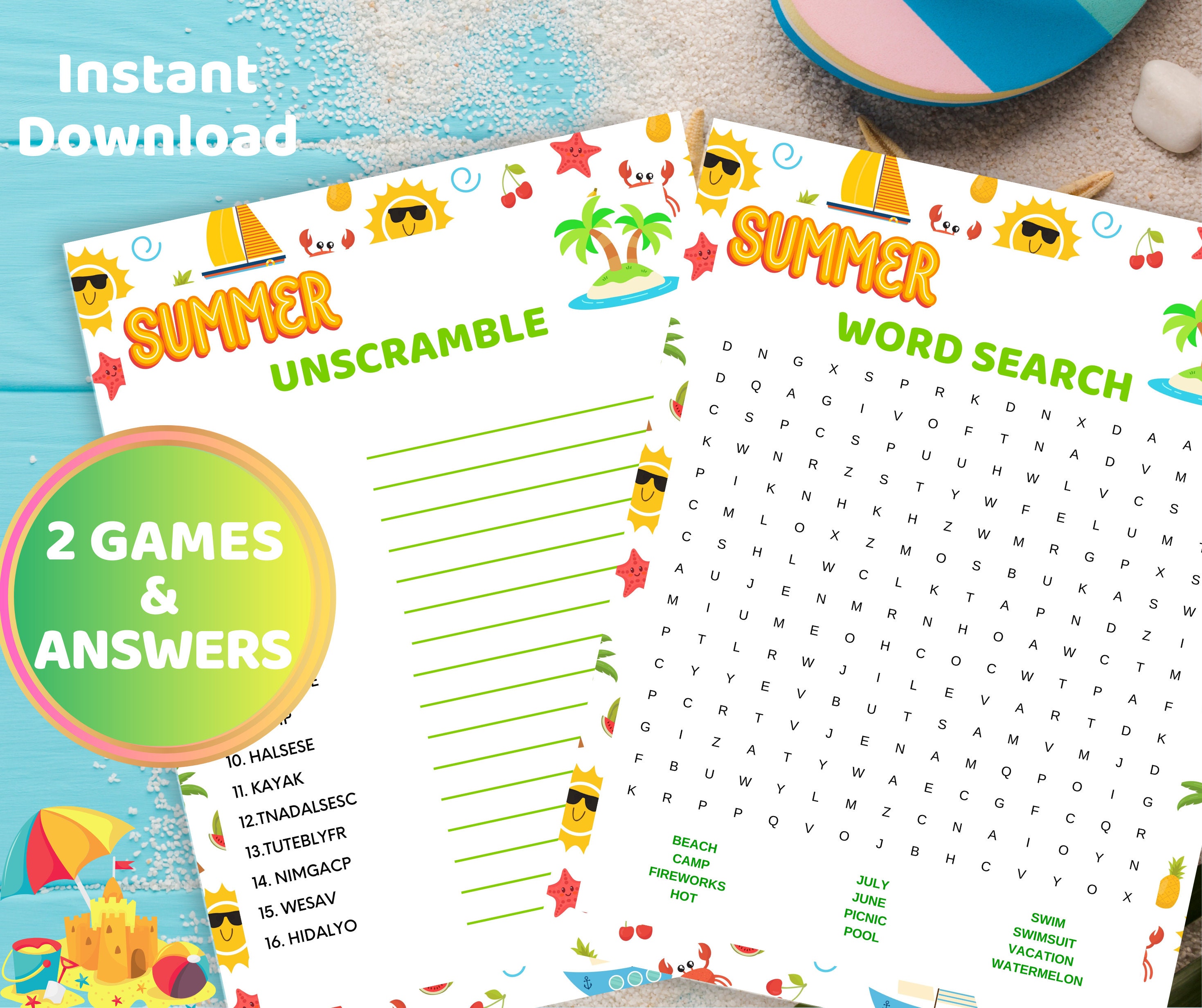 Summer Games Kids Unscramble Word Search Summer Activities Kids Summer ...