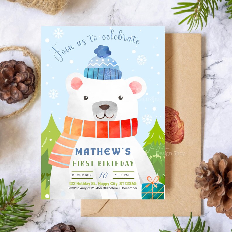 Editable Polar Bear Birthday Invitation Winter Birthday Party ...