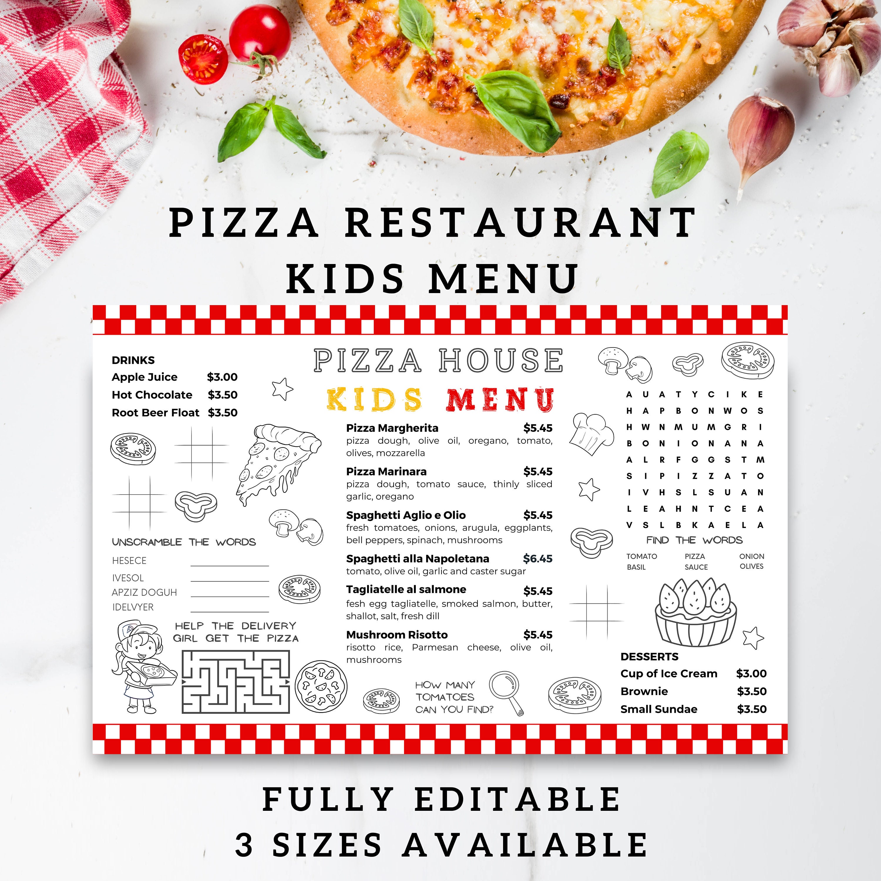 Kids Pizza Menu Template Restaurant Menu Template Editable Kids Menu ...