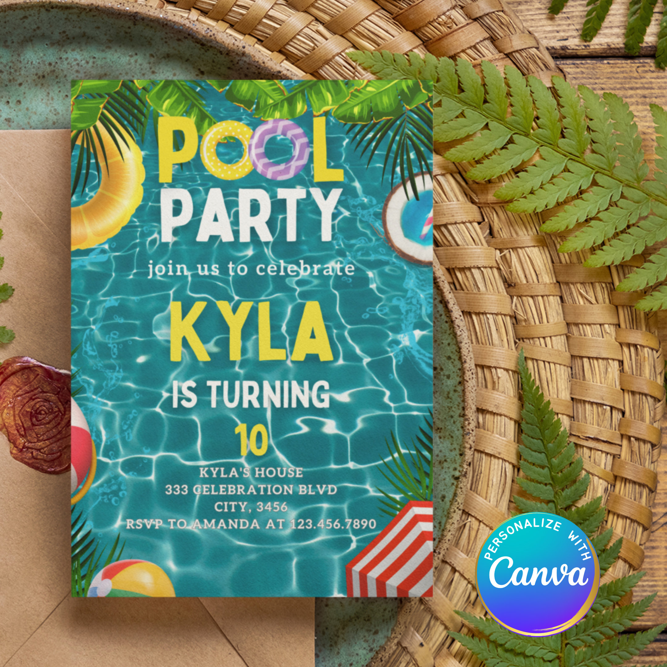 Pool Party Birthday Invitation Swimming Party 10th Birthday Invitation ...