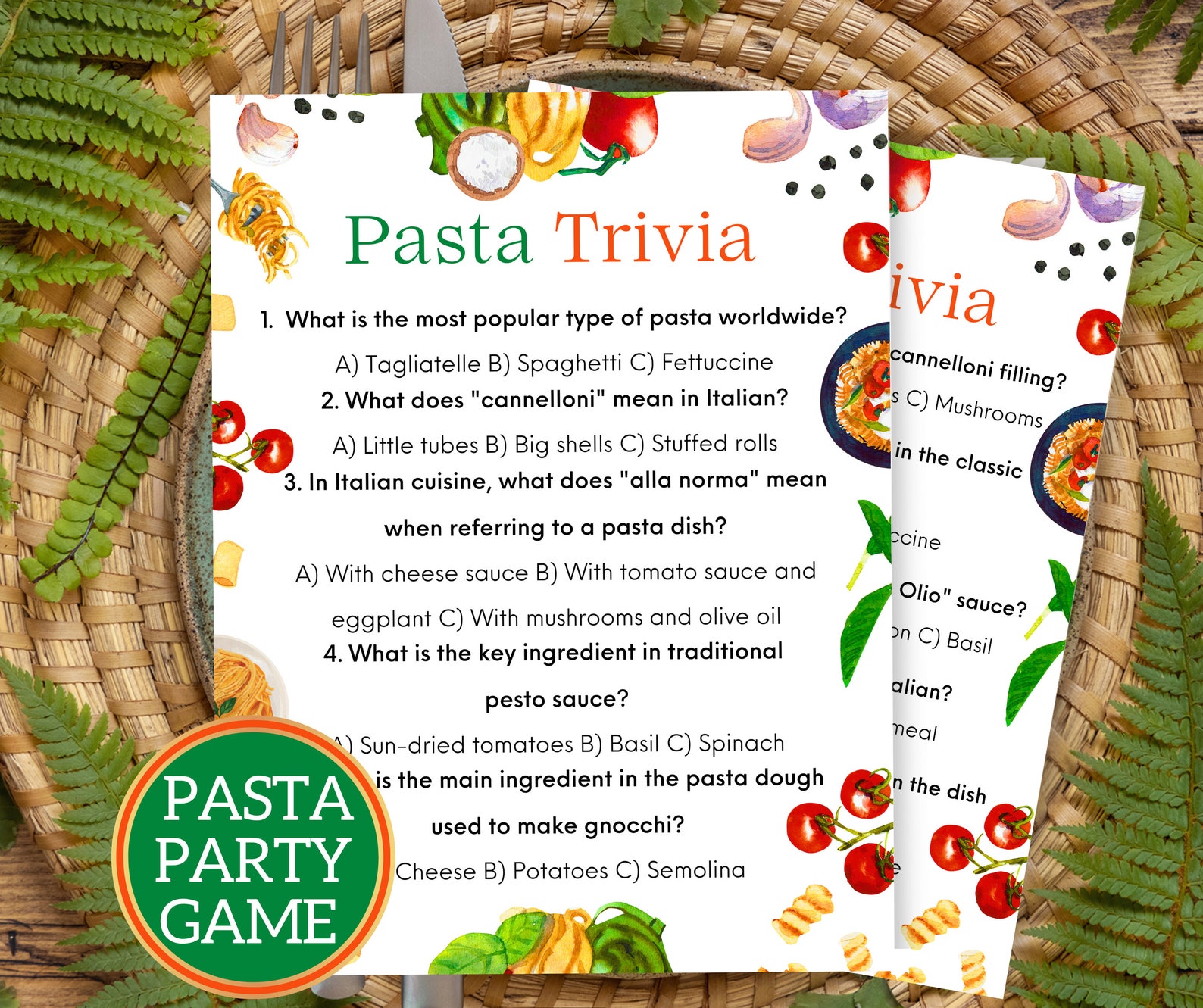 Pasta Trivia Game Pasta Party Favors Pasta Party Games Pasta Birthday ...
