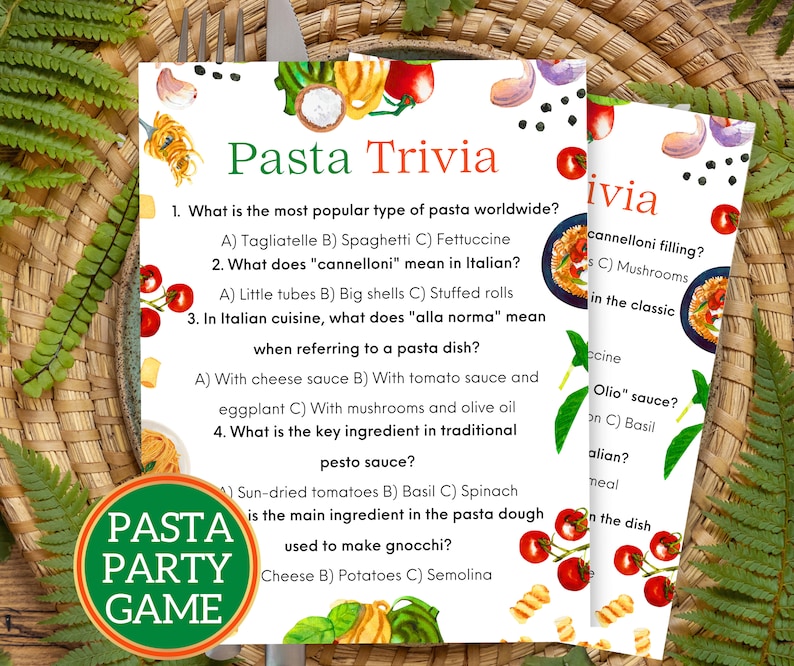 Pasta Trivia Game Pasta Party Favors Pasta Party Games Pasta Birthday ...