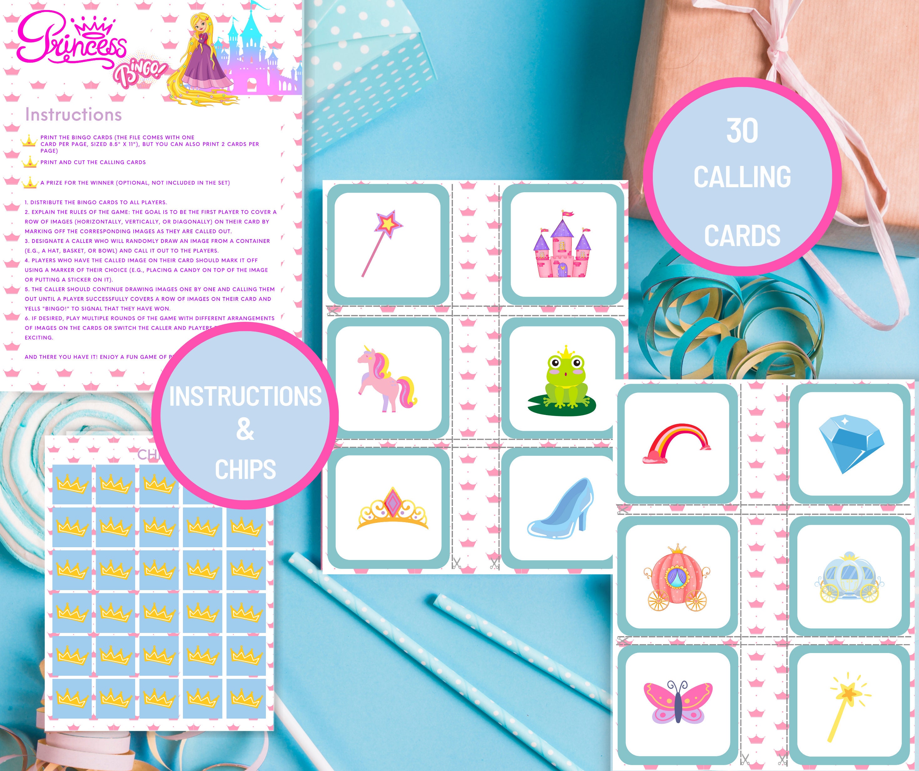 Princess Bingo Game Princess Party Games Girl Birthday Bingo Princess ...