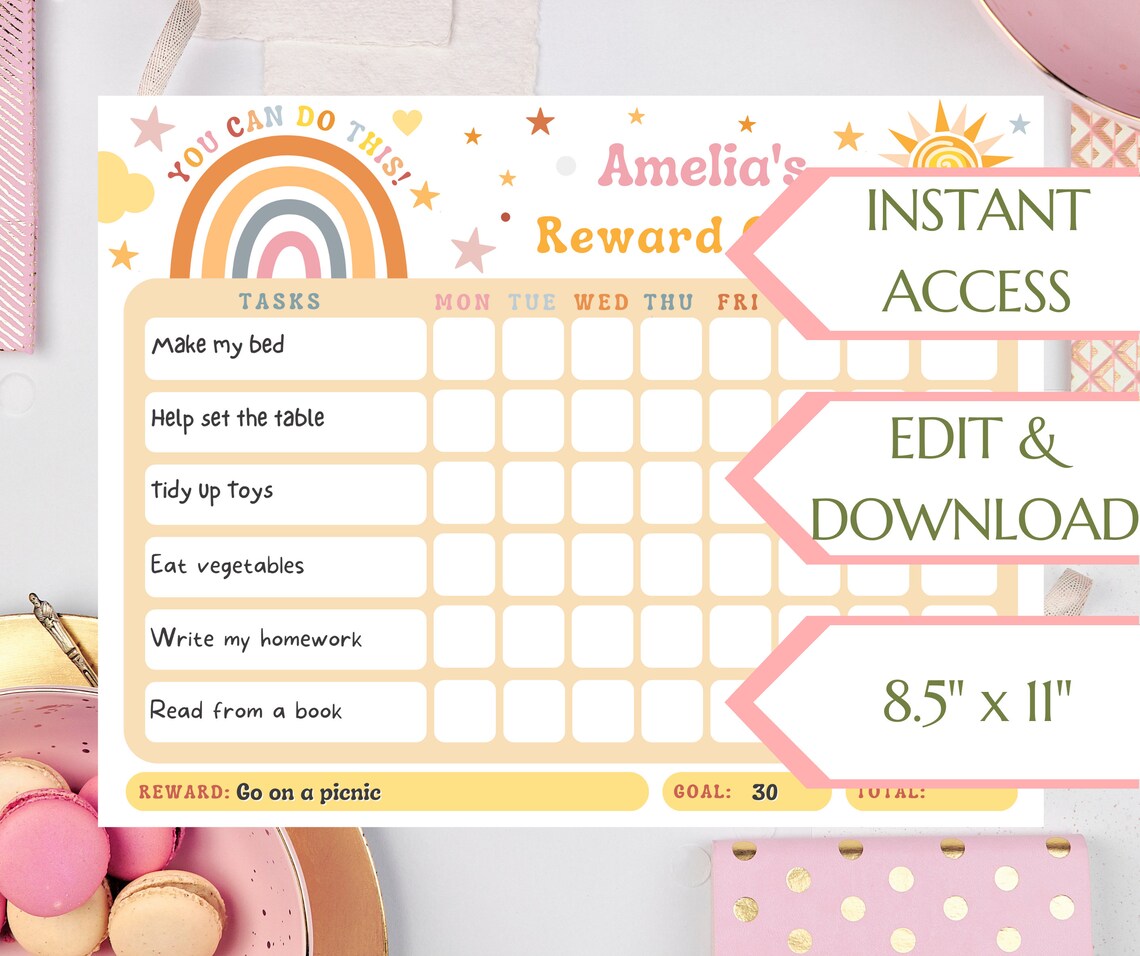 Editable Boho Rainbow Reward Chart for Kids Daily Routine Chart Kids ...