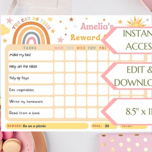 Editable Boho Rainbow Reward Chart for Kids Daily Routine Chart Kids ...