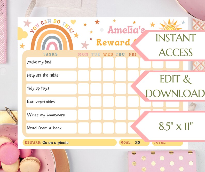 Editable Boho Rainbow Reward Chart for Kids Daily Routine Chart Kids ...