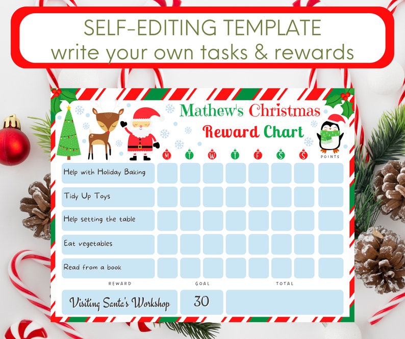 Editable Christmas Reward Chart for Kids Daily Routine Chart - Etsy