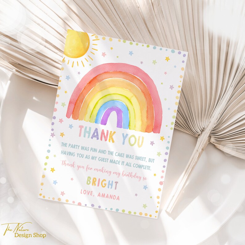 Editable Rainbow Birthday Thank You Cards Girl Rainbow Birthday Thank ...