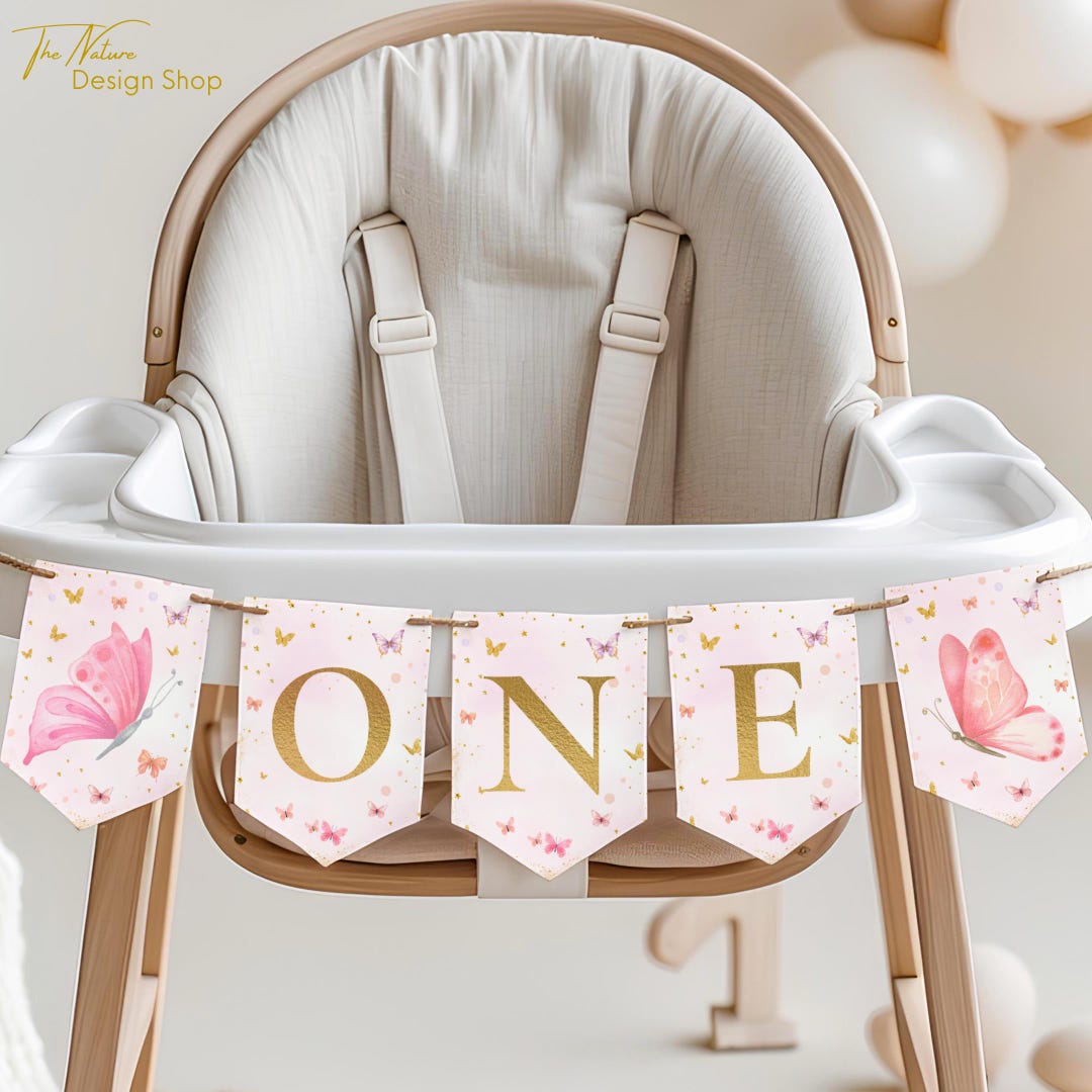 One Banner High Chair Girl Butterfly First Birthday Highchair Banner ...