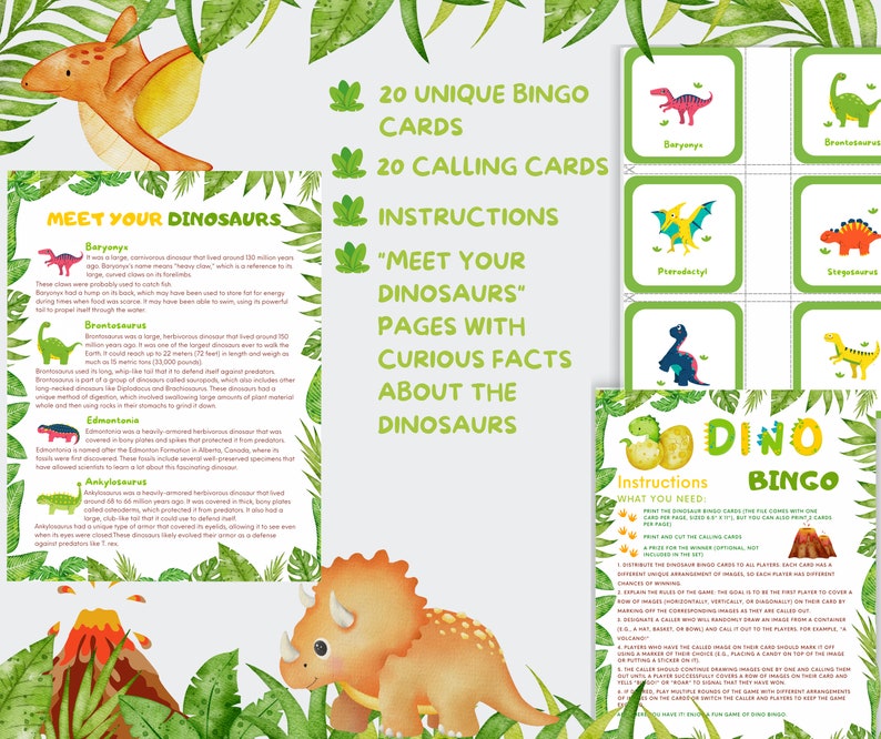 Dinosaur Bingo Game Kids Dinosaur Birthday Party Game With Dinosaurs ...
